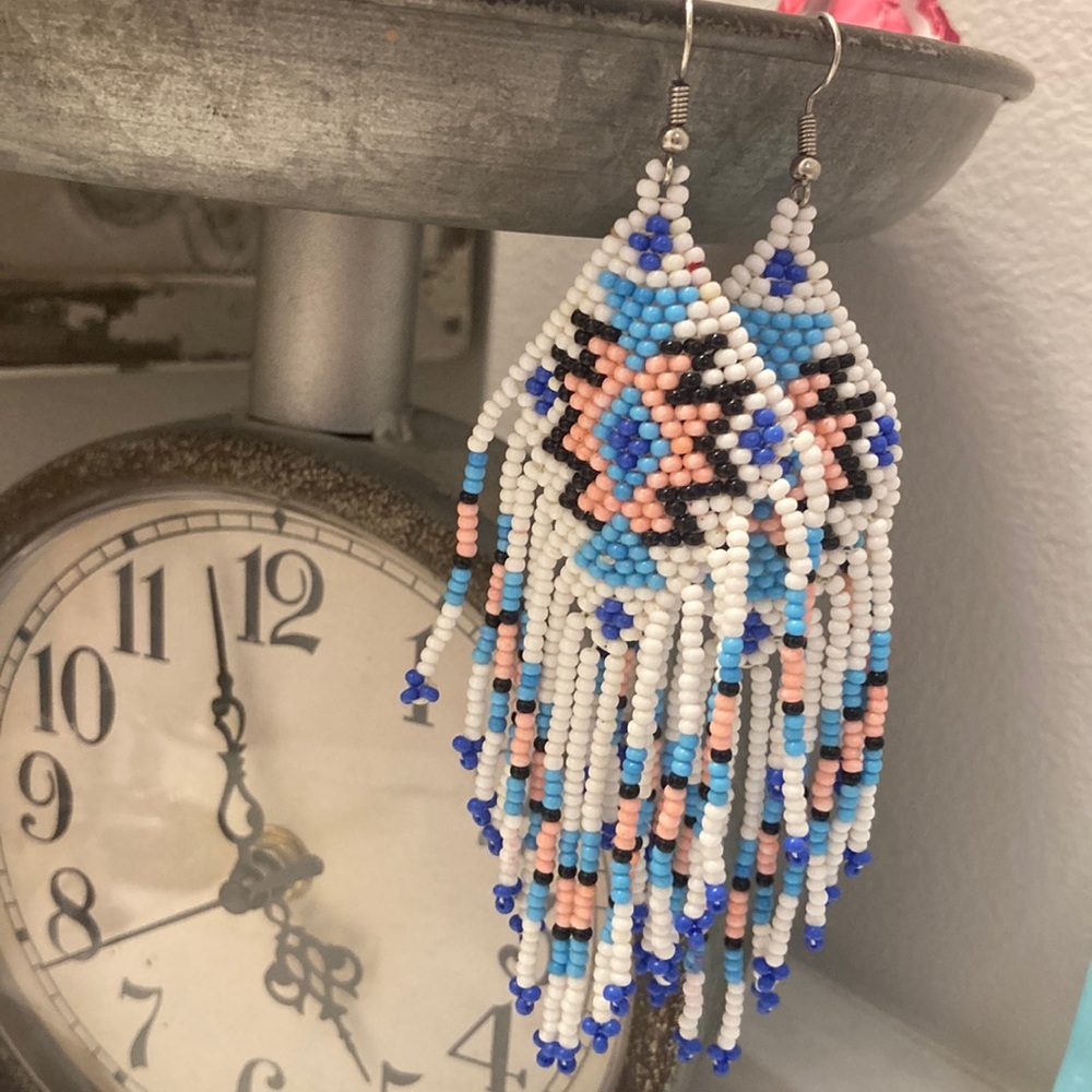 Native American Seed Bead Earrings Pink White Blue Bl… - Gem
